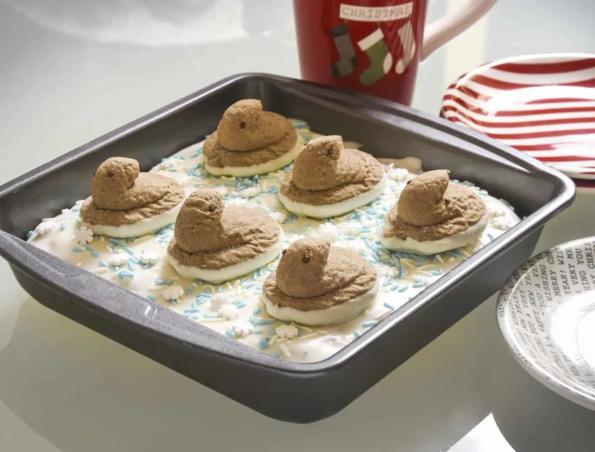 Spice Cake Bars with Peeps in Snow Frosting - DIY Candy