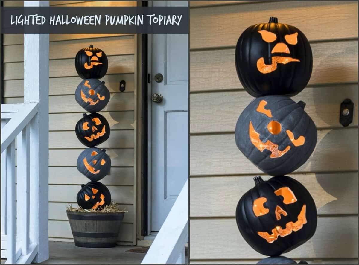 Lighted Pumpkin Topiary for a Halloween Front Porch - DIY Candy